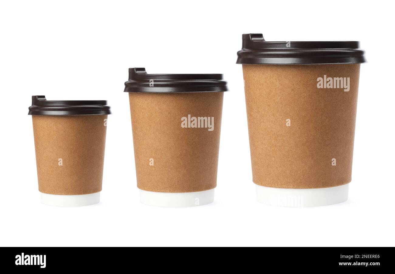 Set with different takeaway coffee cups on white background Stock Photo ...