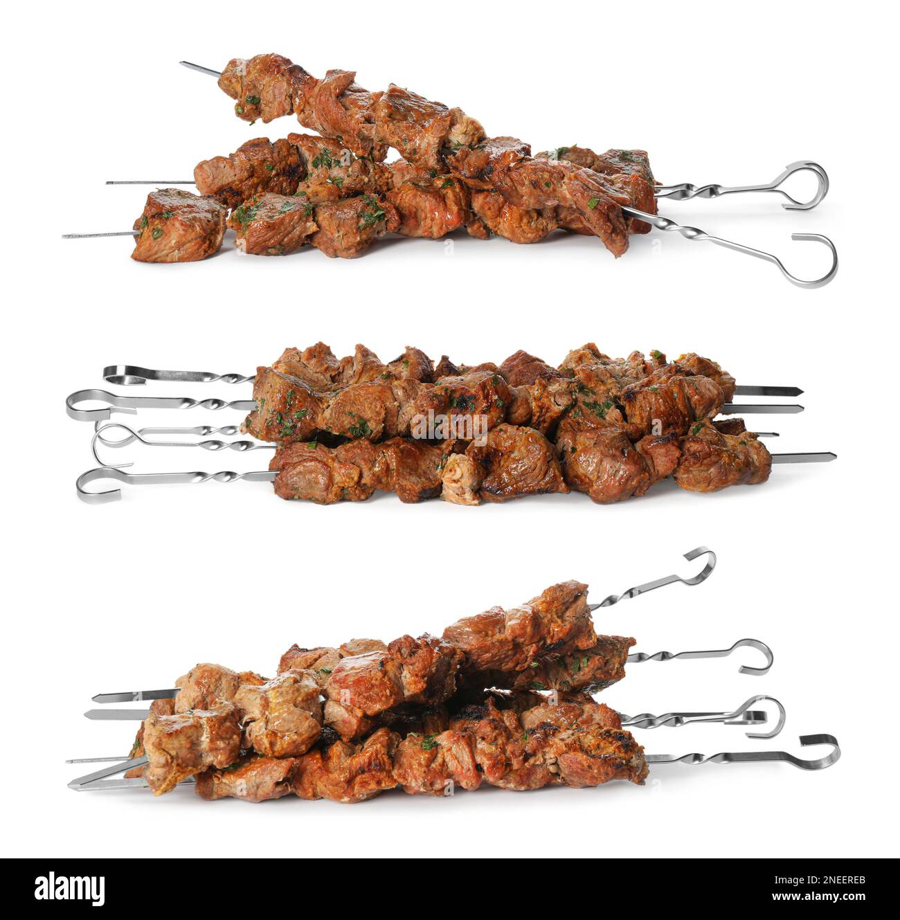 Metal skewers with delicious meat on white background, collage Stock ...