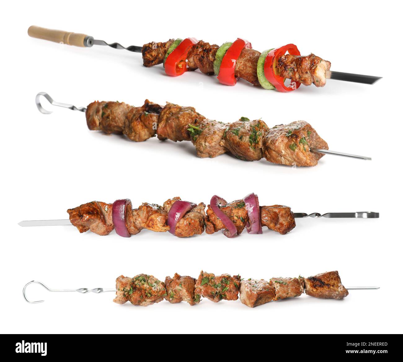 Metal skewers with delicious meat on white background, collage Stock ...