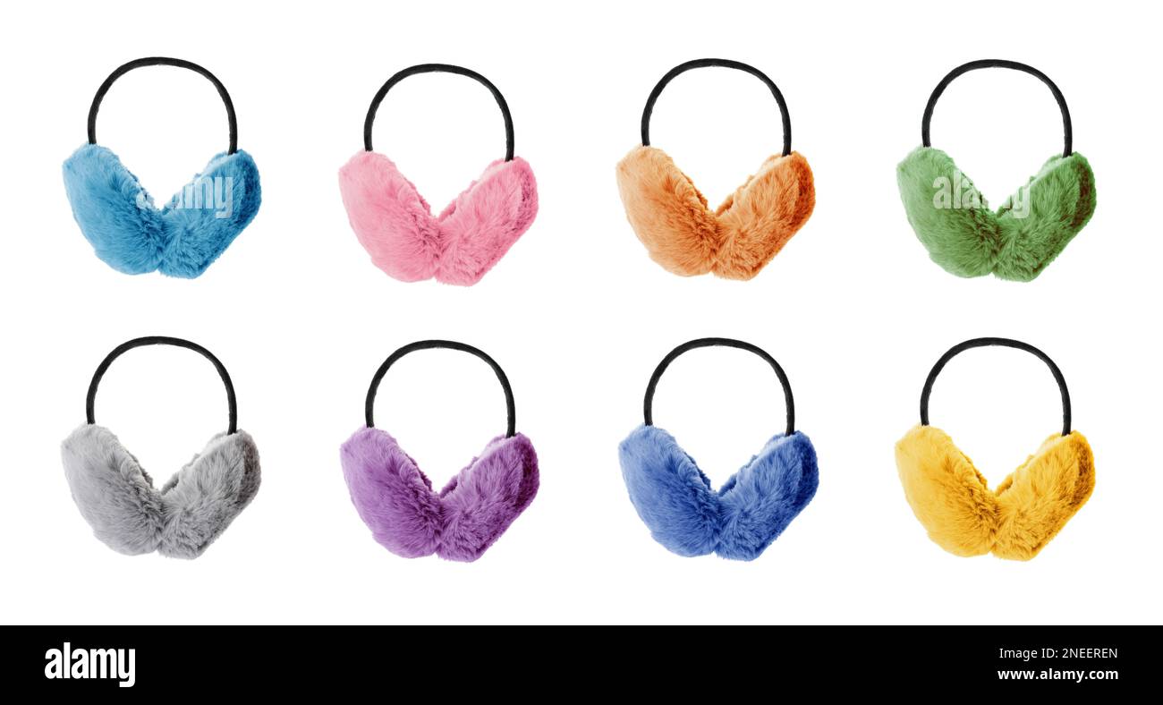 Set with different colorful soft earmuffs on white background. Banner ...