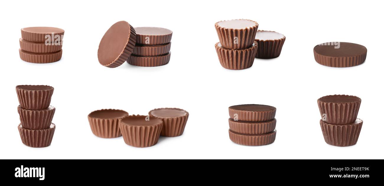 Set with delicious peanut butter cups on white background. Banner ...