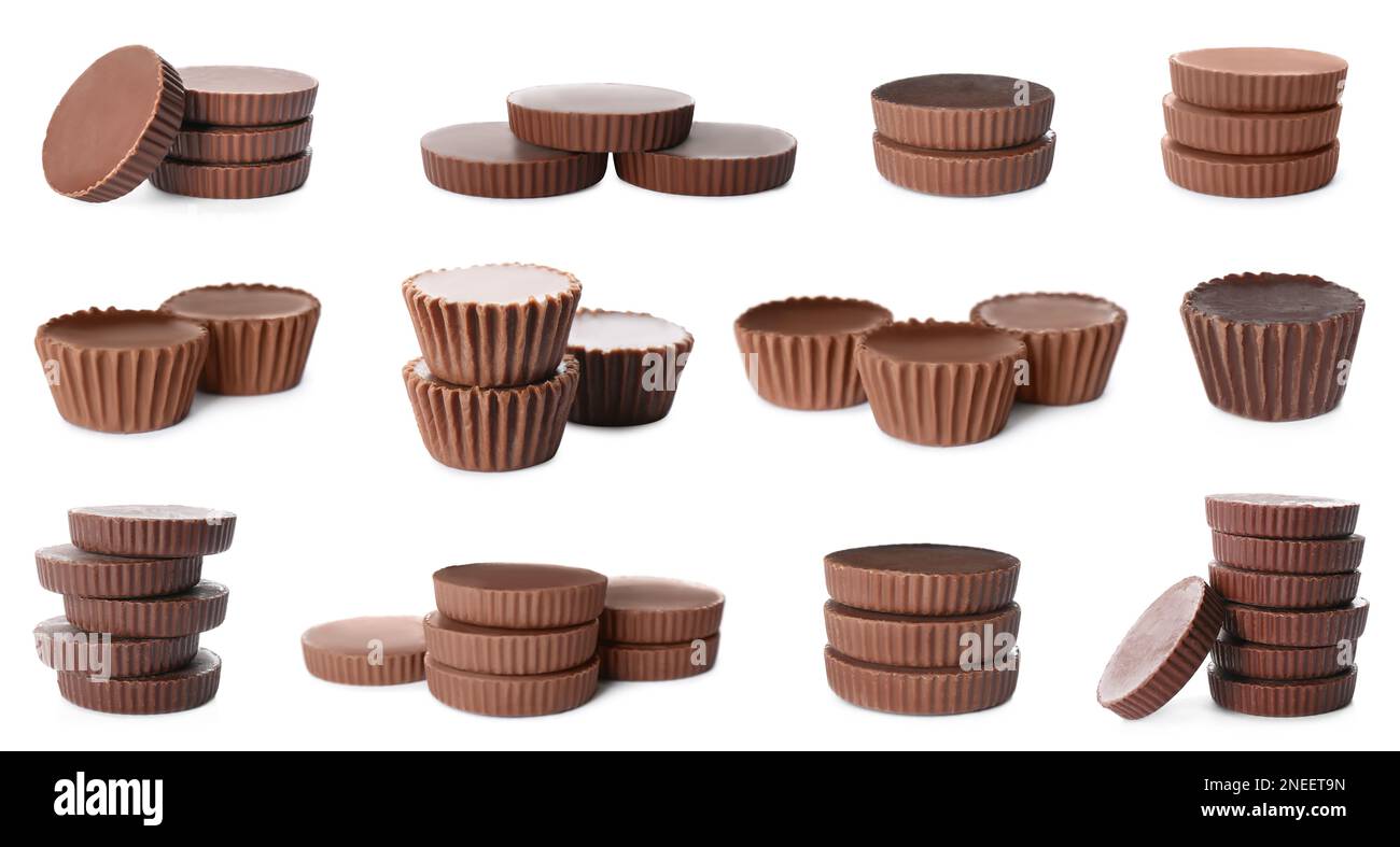 Set with delicious peanut butter cups on white background. Banner ...