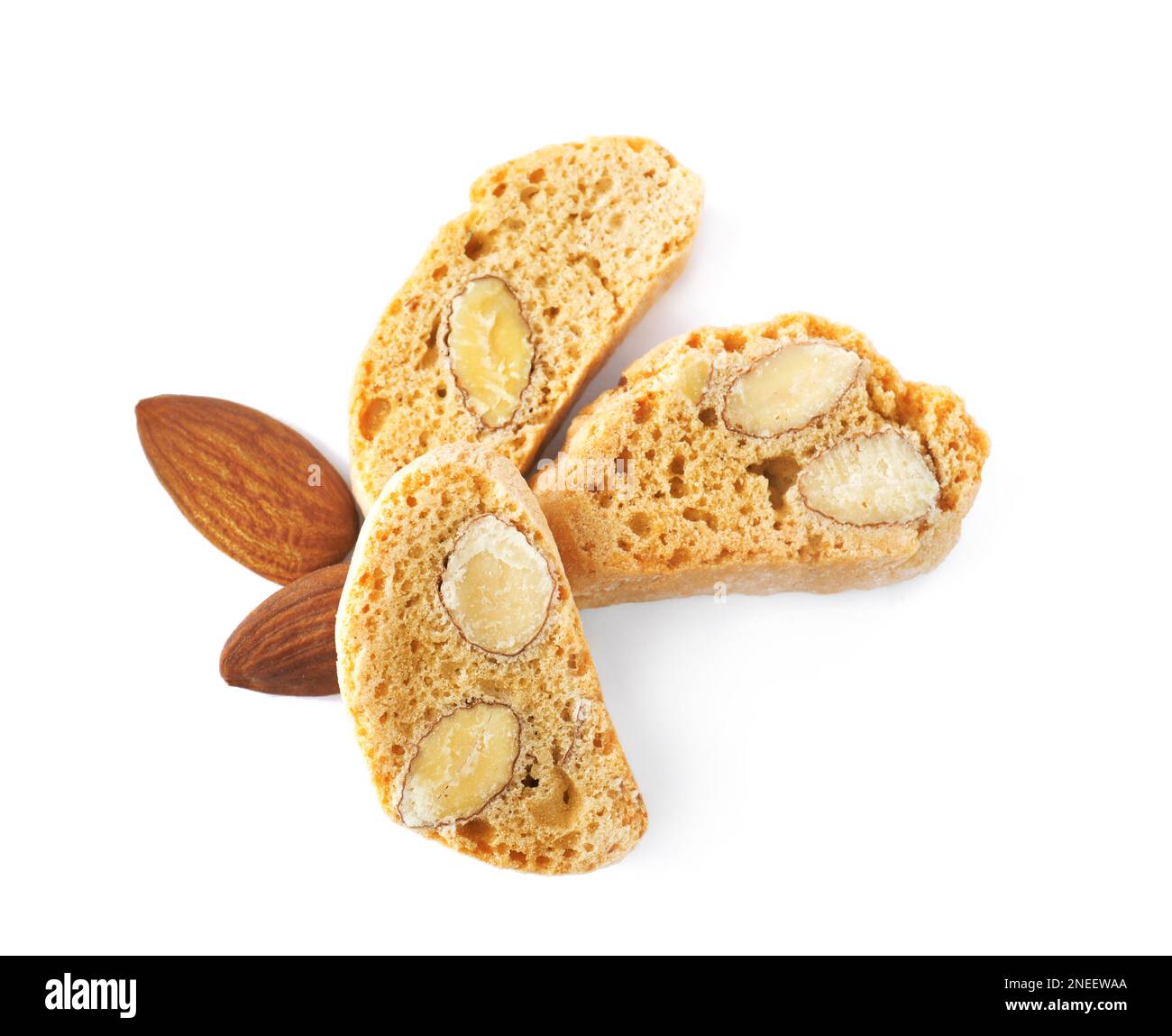 Slices of tasty cantucci and nuts on white background, top view ...