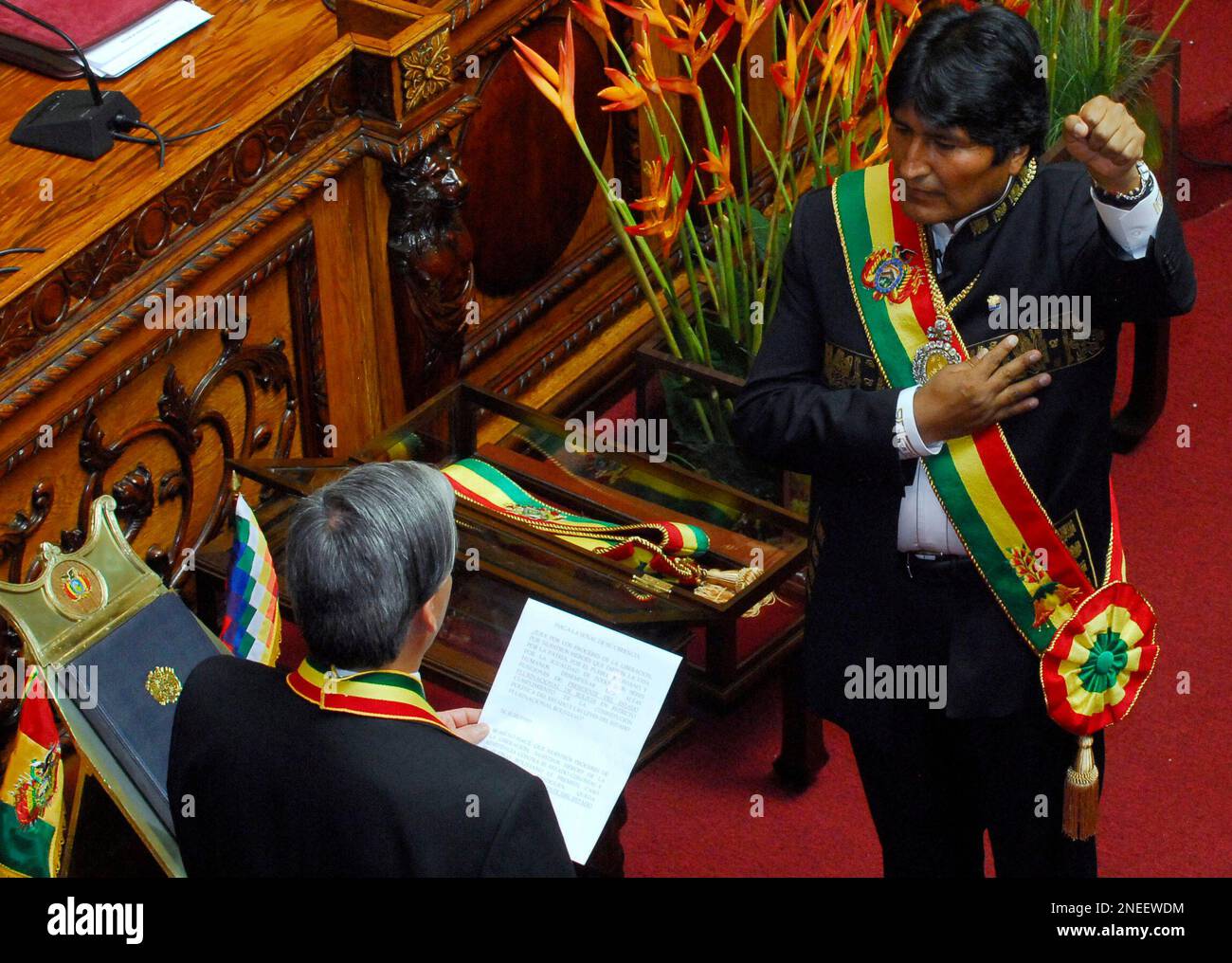 Bolivia's President Evo Morales, right, is sworn in for a second term ...
