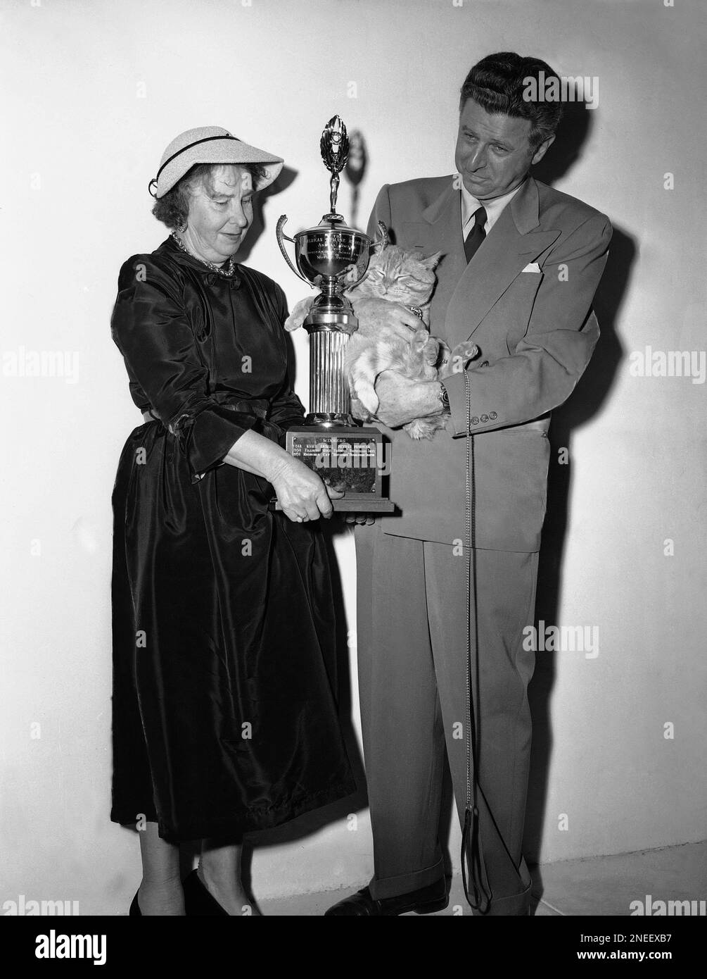 Rhubarb The Cat poses with his owner, Mrs. Agnes Murray, after winning ...