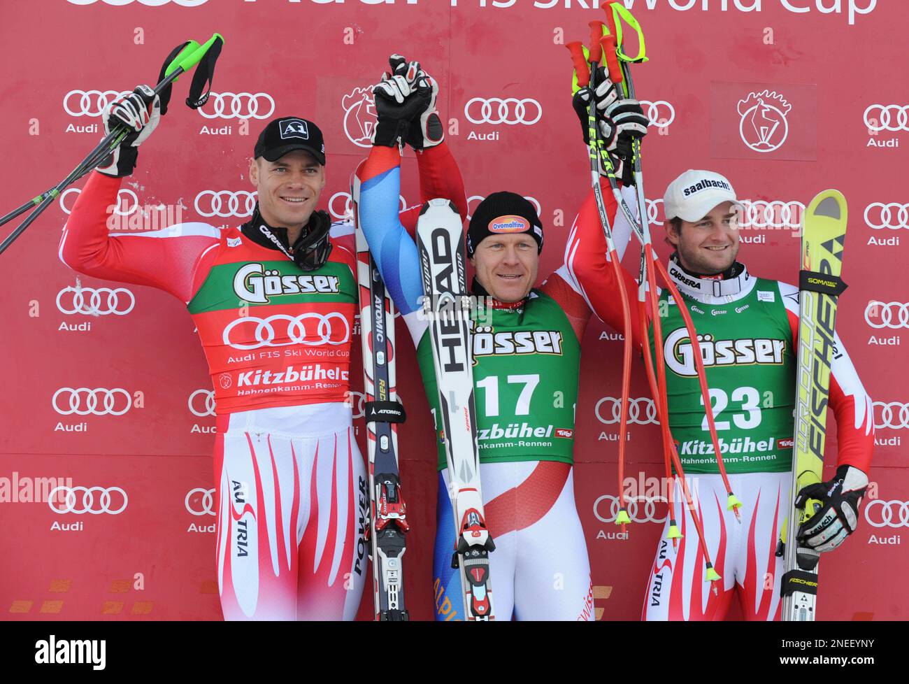 Switzerland's Didier Cuche, center, winner of an alpine ski, Men's ...
