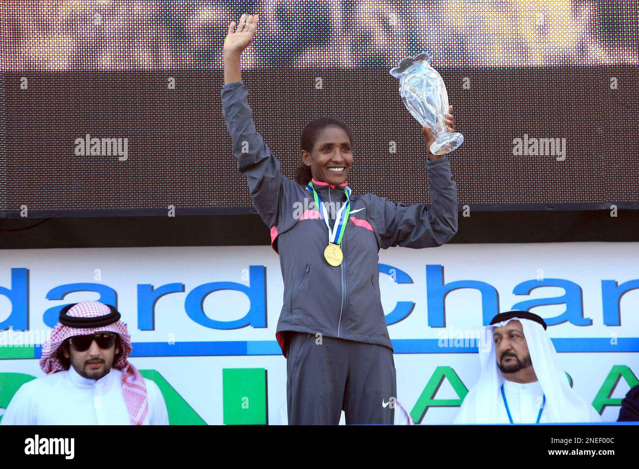 Mamitu Daska Molisa from Ethiopia celebrates after winning the Standard ...