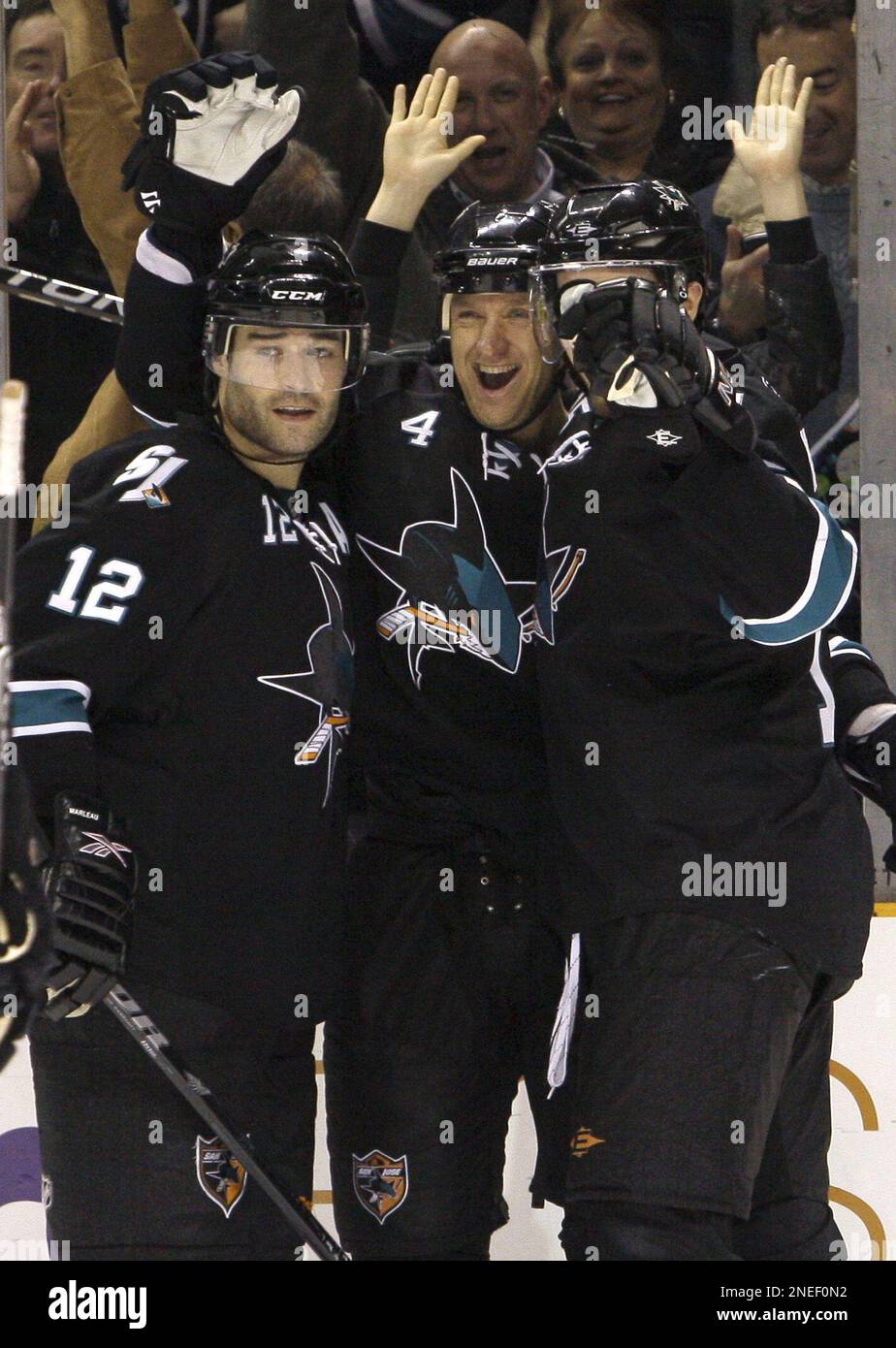 San Jose Sharks defenseman Rob Blake, center, celebrates after scoring ...