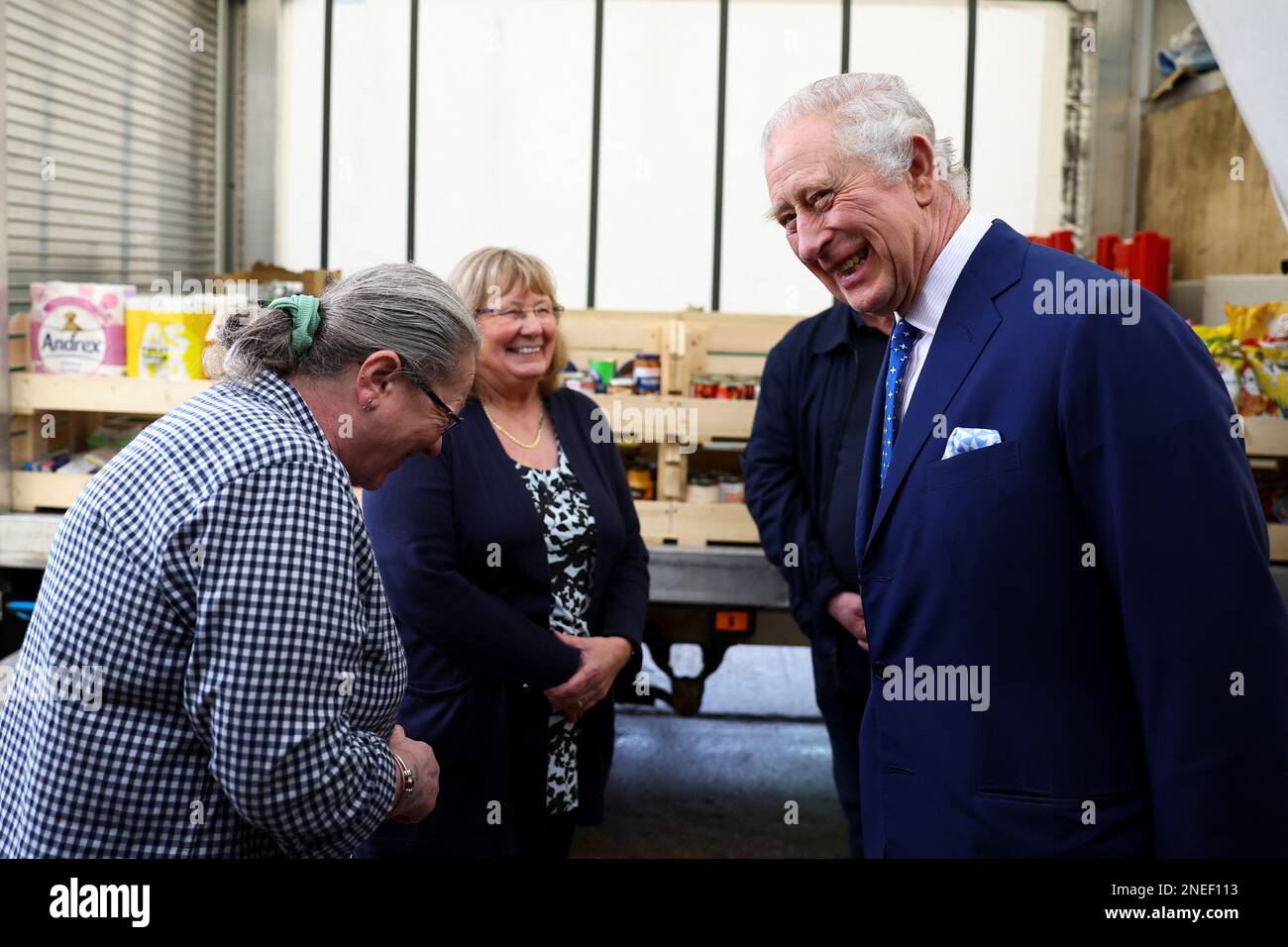 King Charles III speaks with Mobile Top-Up Shop users Lorraine Hawes ...