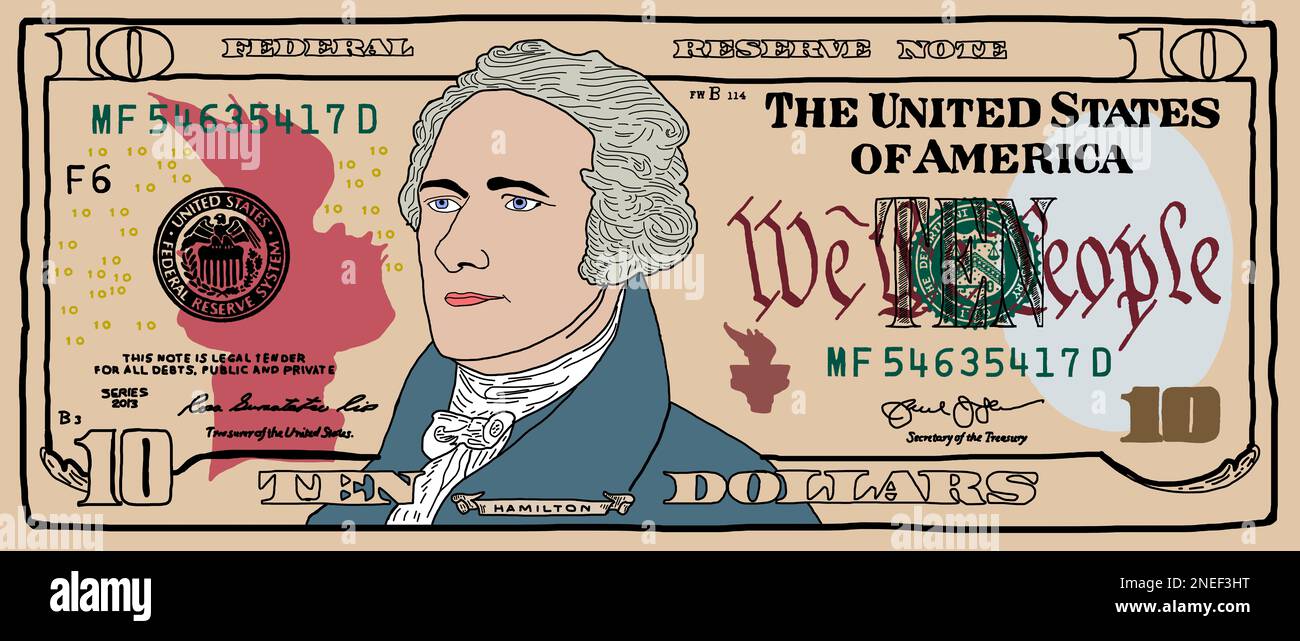 Cartoon hand drawn colorized 10 dollar banknote for design purpose ...