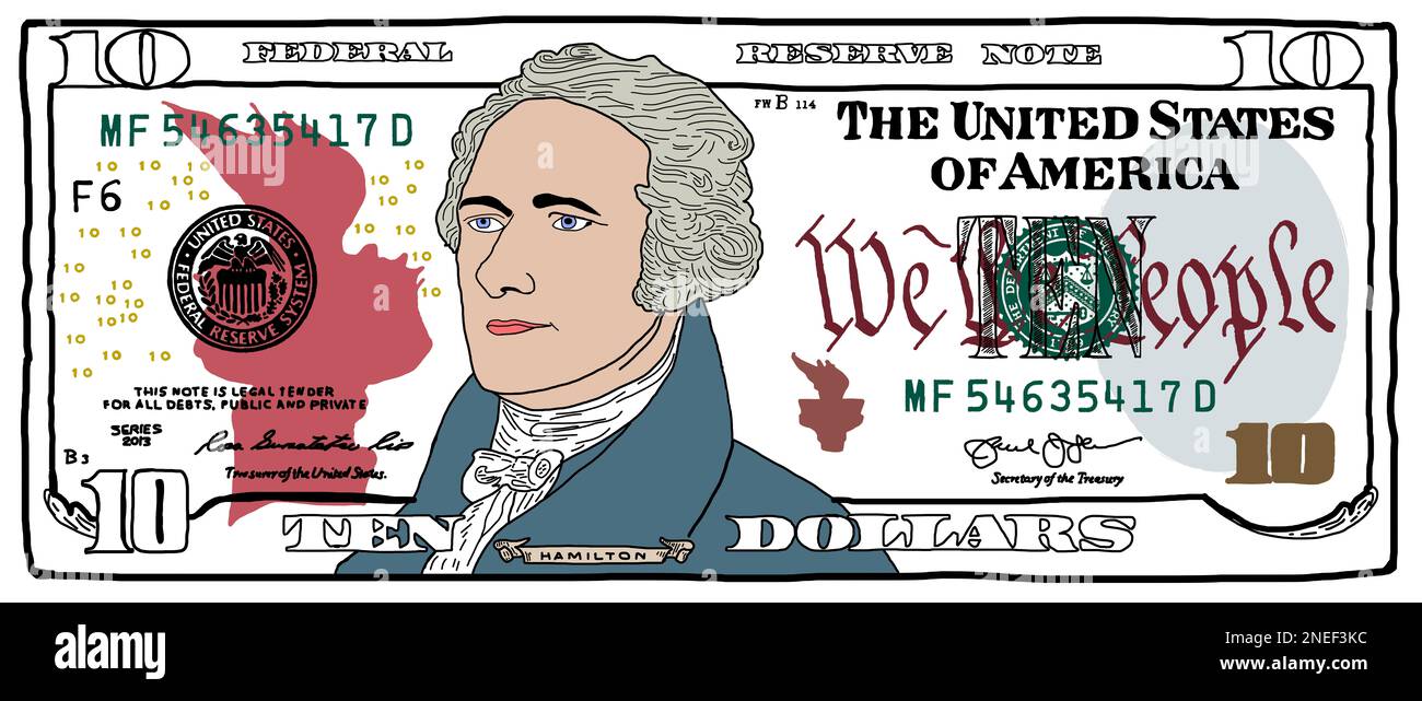 Cartoon hand drawn colorized 10 dollar banknote for design purpose ...
