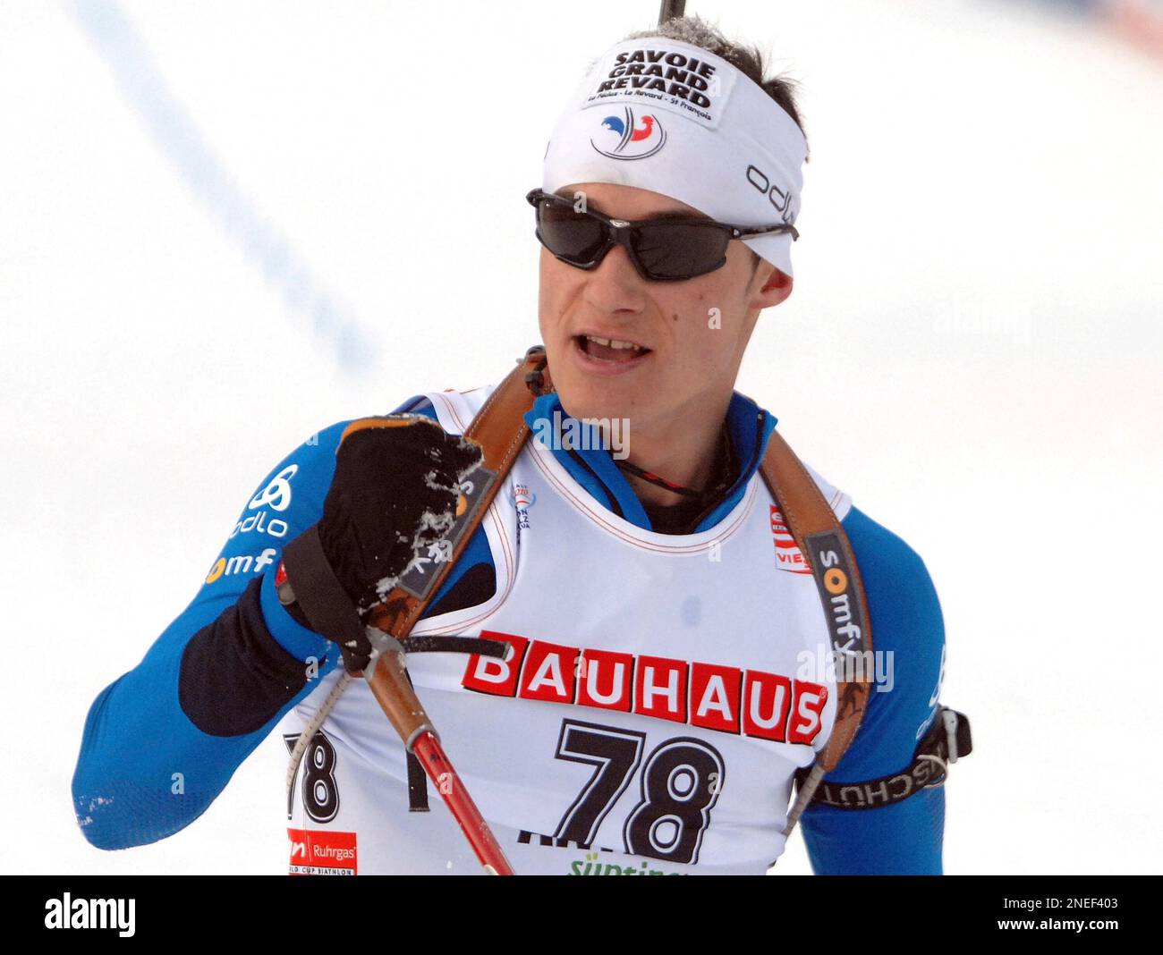Third placed Alexis Bouef, of France, celebrates after crossing the ...