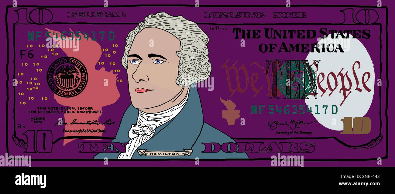 Cartoon hand drawn colorized 10 dollar banknote for design purpose ...