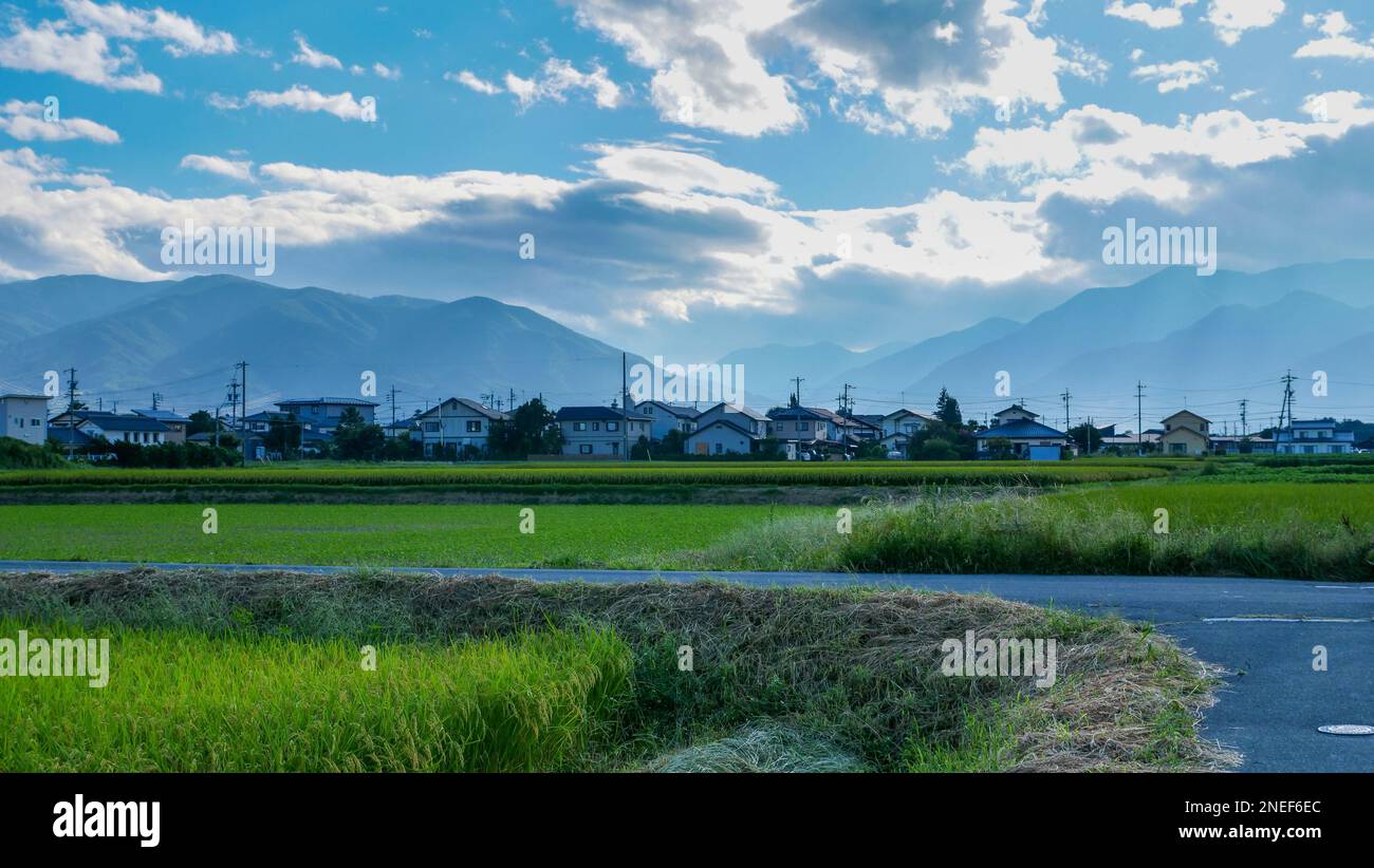 A view of the Japanese Alps and farmland in Matsumoto, Japan Stock ...