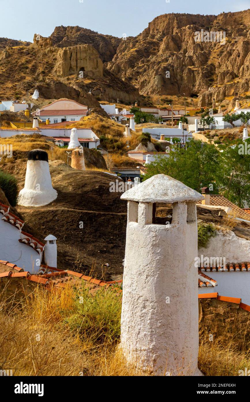 Chimneys of underground cave houses in the Barrio de Cuevas area of ...