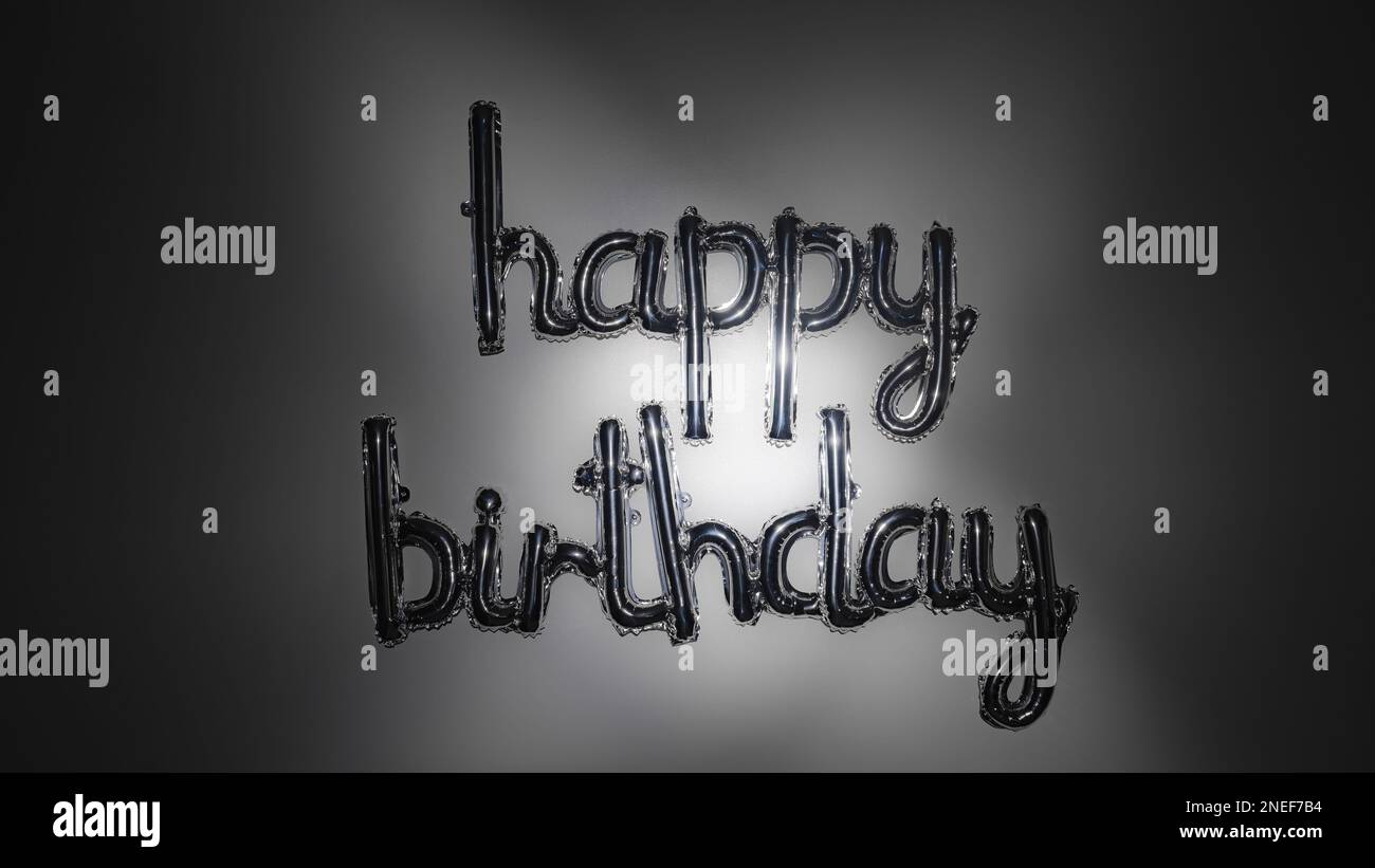 Silver happy birthday balloon lettering with dark, dramatic light. Foil ...