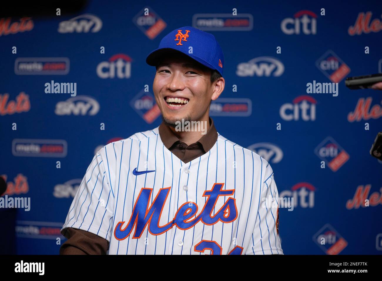 FILE - New York Mets' Kodai Senga smiles during an interview after a ...