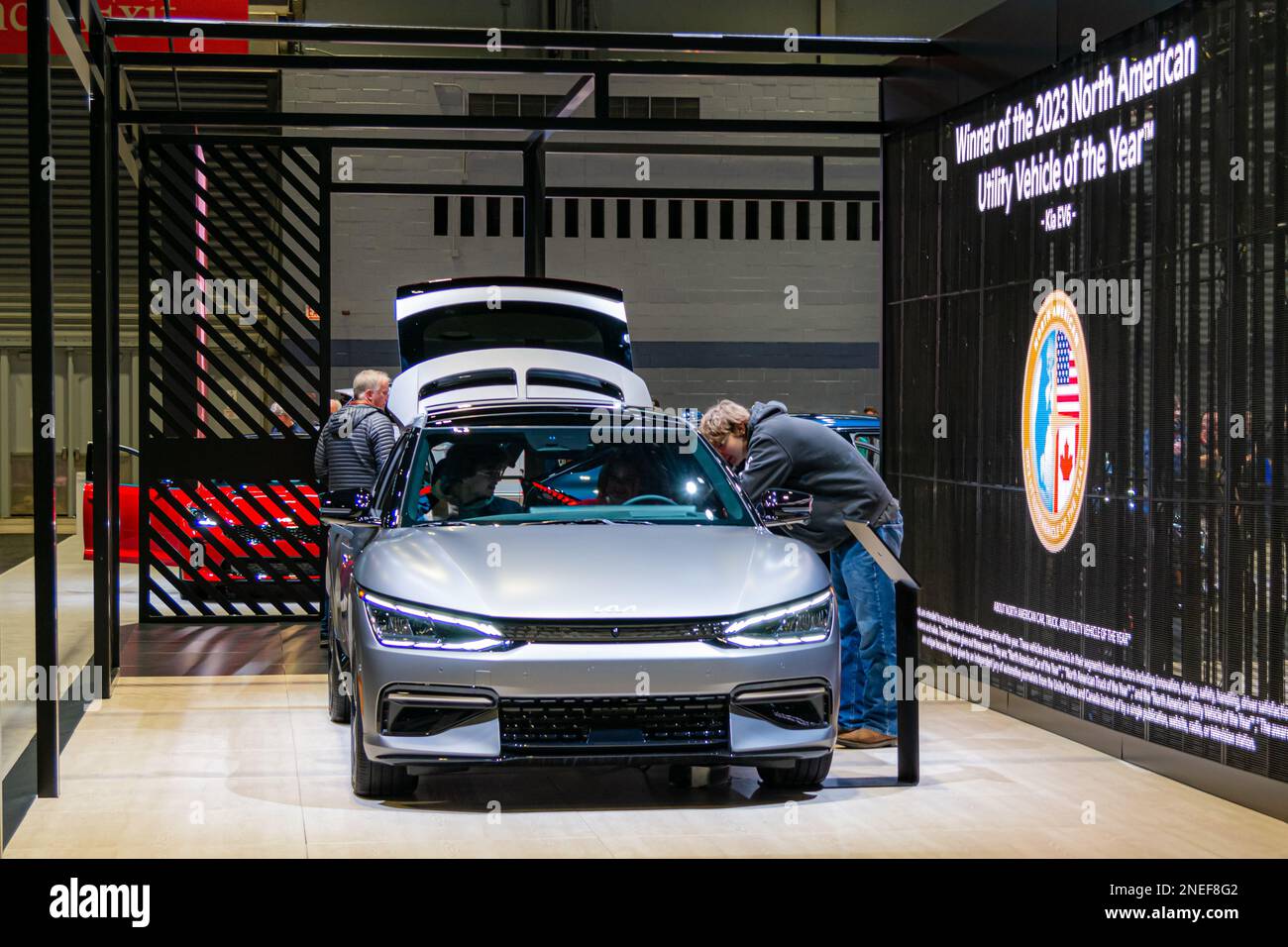 Chicago, IL, USA - February 15, 2023: People checking out the new Kia ...
