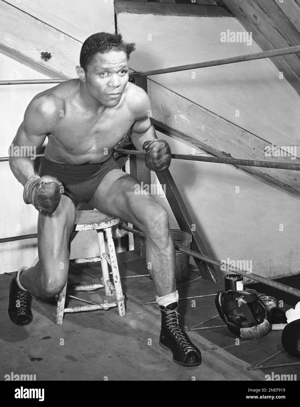Lloyd Marshall, light heavyweight boxer, in corner ready to spring into ...