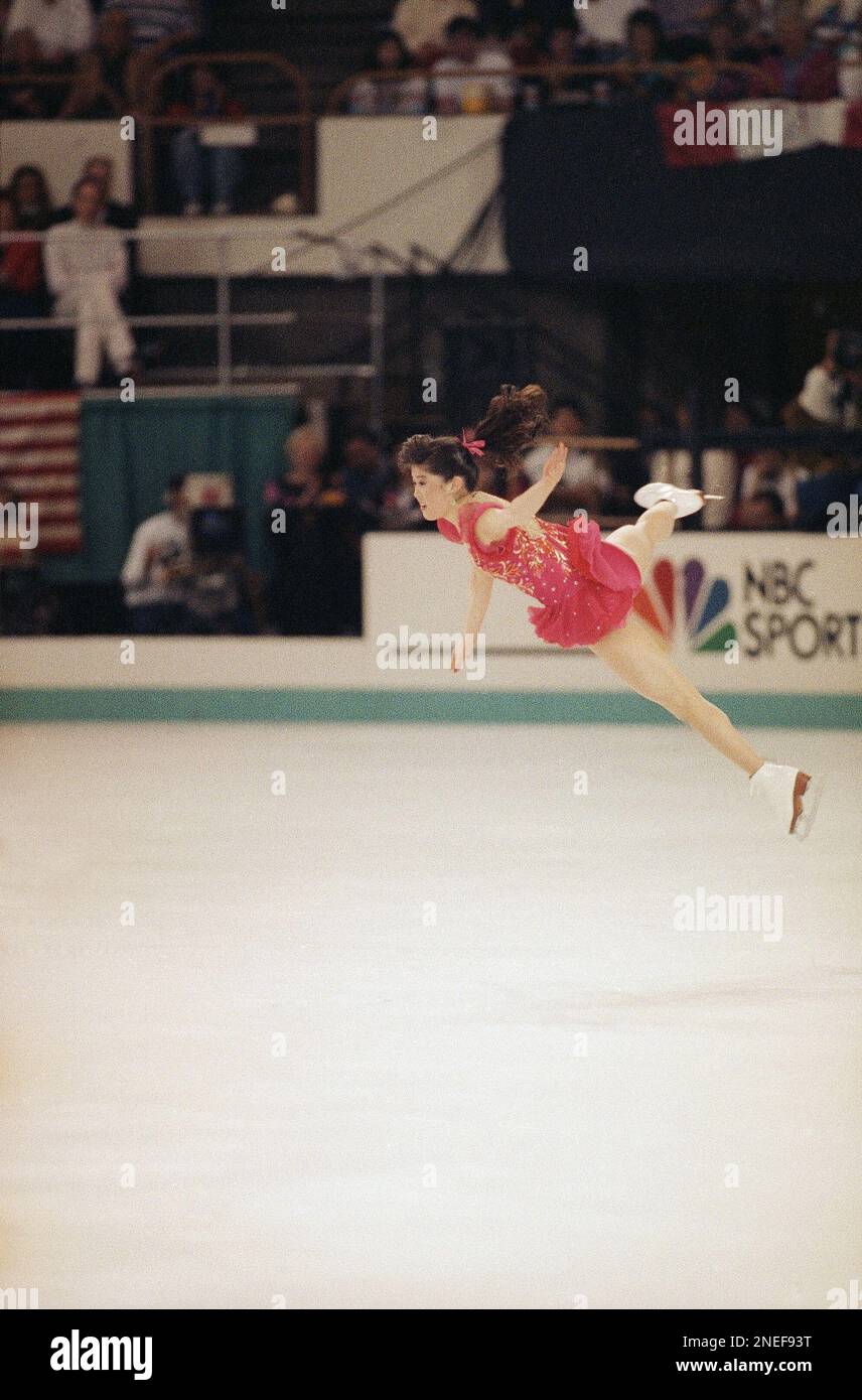 Kristi Yamaguchi of Fremont, Calif., does a flying camel during her ...