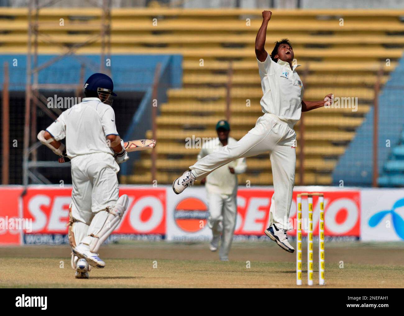 Bangladeshi cricketer Rubel Hossain celebrates the dismissal of India's ...