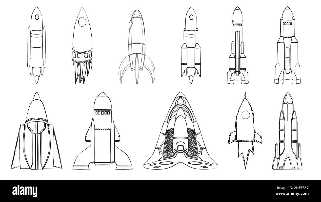 Set of outline space rockets isolated on white. Vector clipart Stock ...