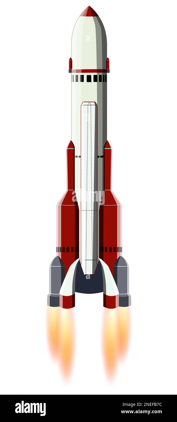 Cartoon space rocket with elongated body and flame from nozzles ...