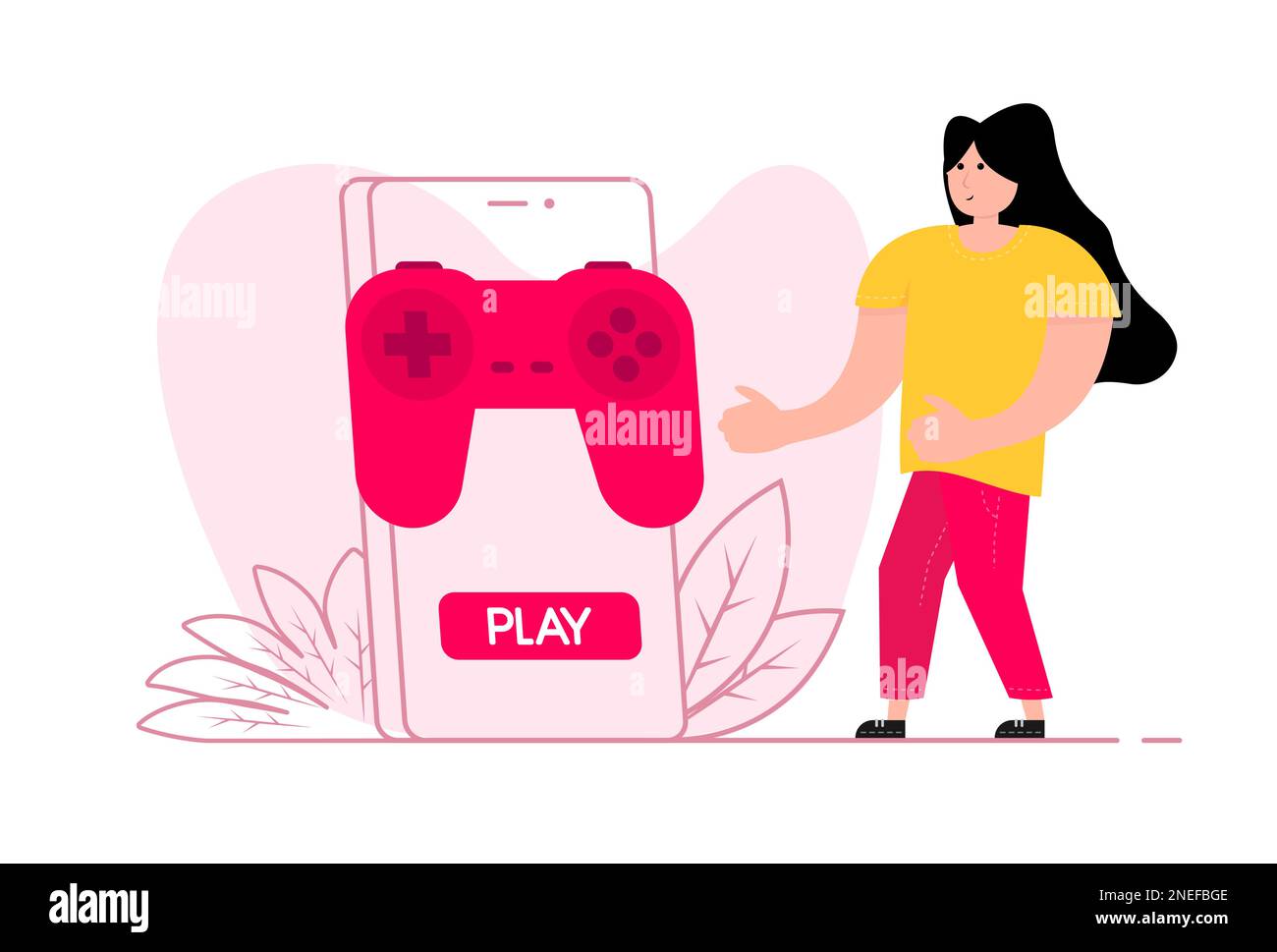 A woman stands near the smartphone, on the screen Game Controller. Playing Video Game Stock ...