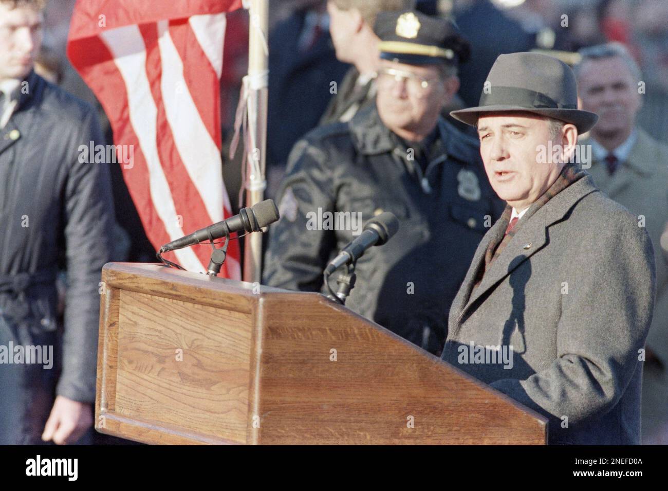 Soviet President Mikhail Gorbachev speaks following his arrival at New ...