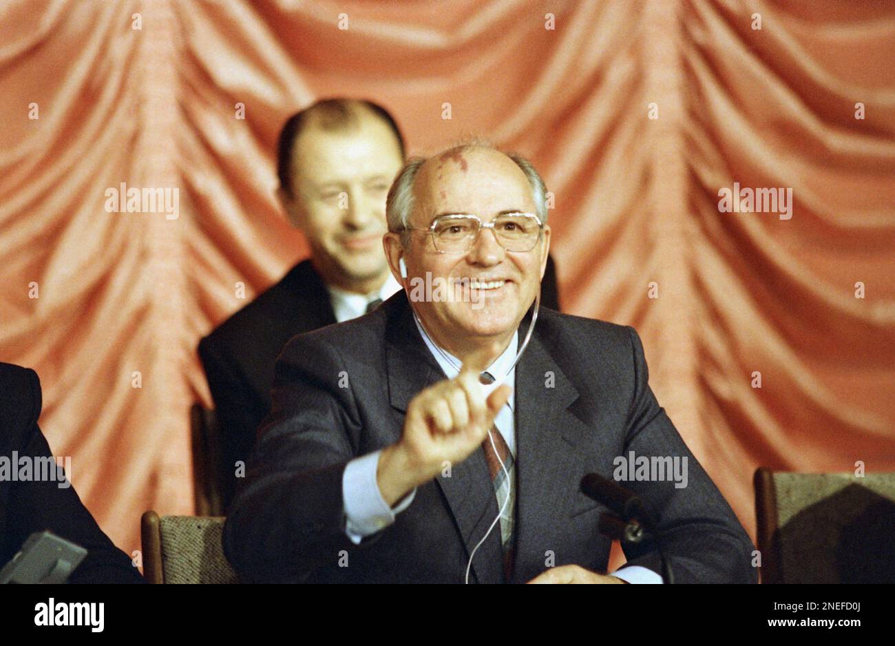 Soviet leader Mikhail Gorbachev smile during his news conference at the ...