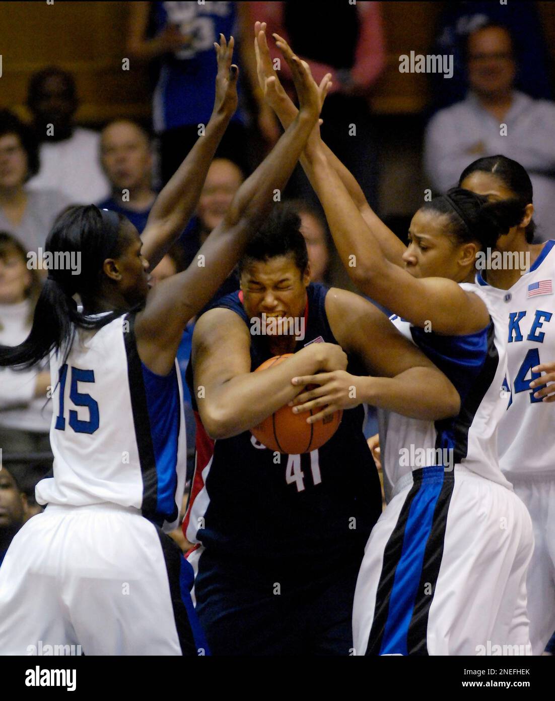 Connecticut's Kaili McLaren (41) is pressured by Duke's Bridgette ...