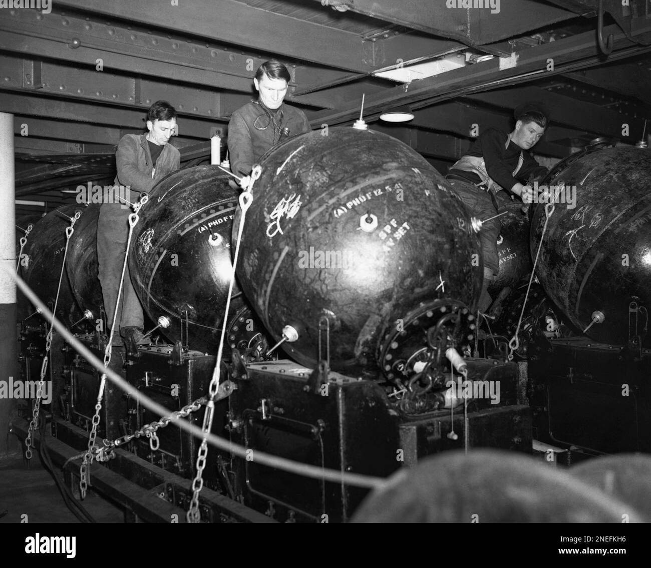 A row of death-bringing mines on board a British mine layer on May 25 ...