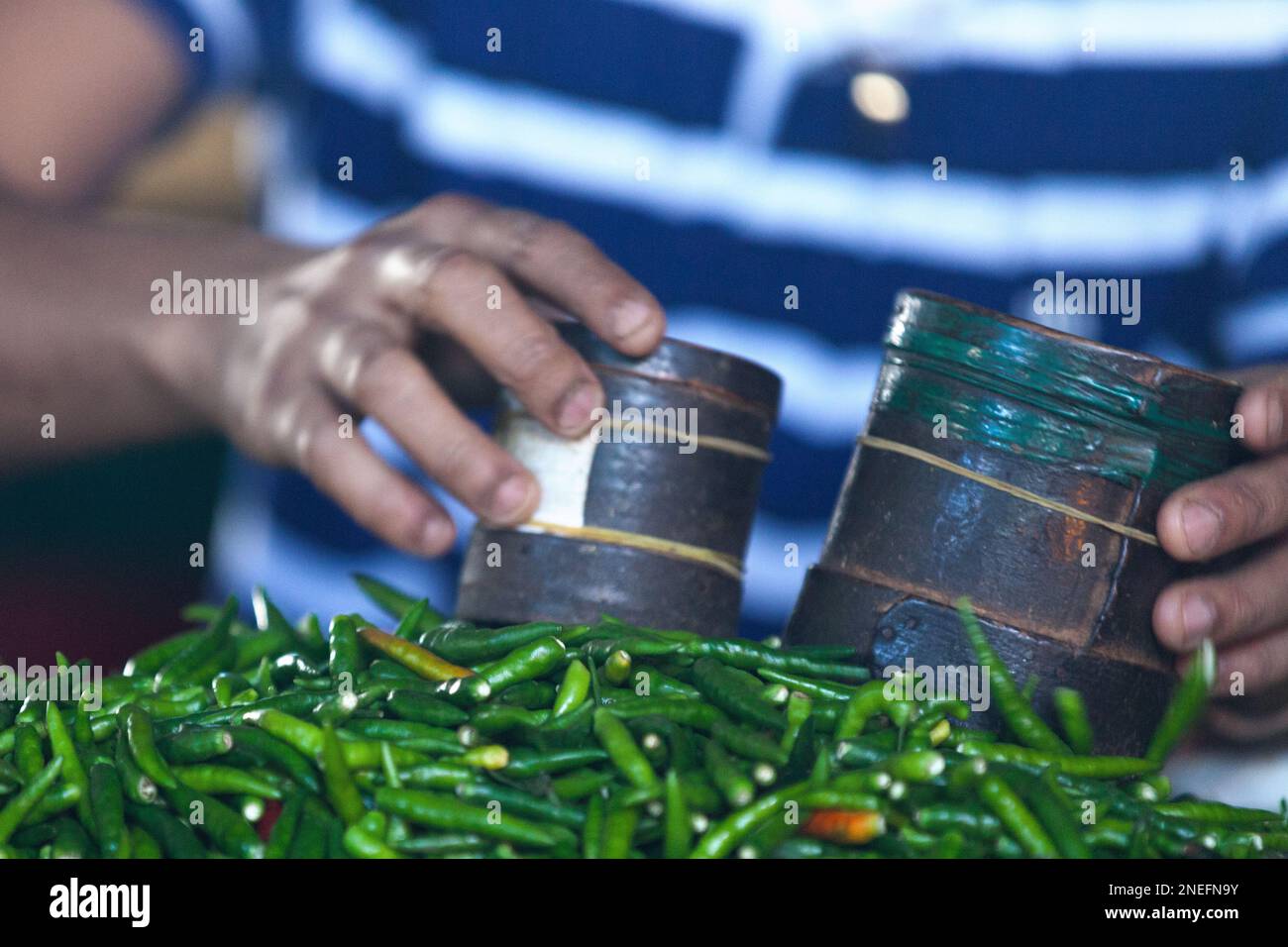 Full frame close-up on a stack of piment oiseau (Capsicum frutescens ...