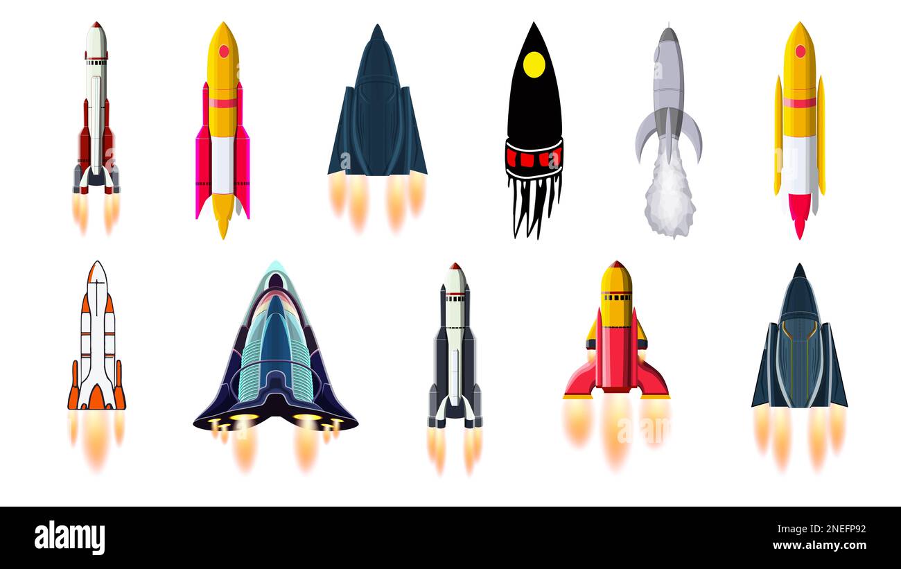 Set of cartoon space rockets with flame from nozzles isolated on white ...
