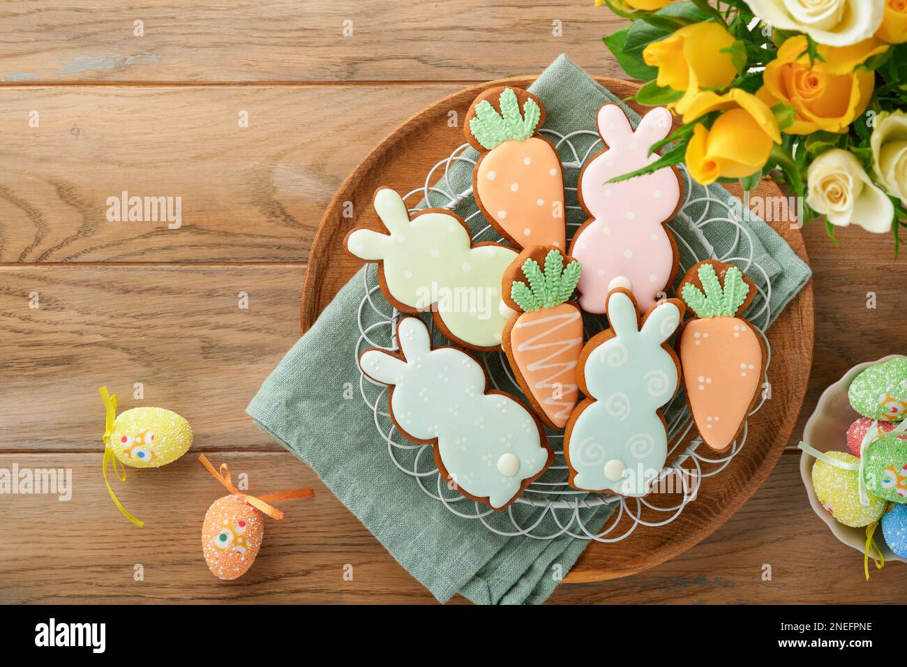 Easter breakfast Holliday concept. Easter gingerbread shape of bunny ...