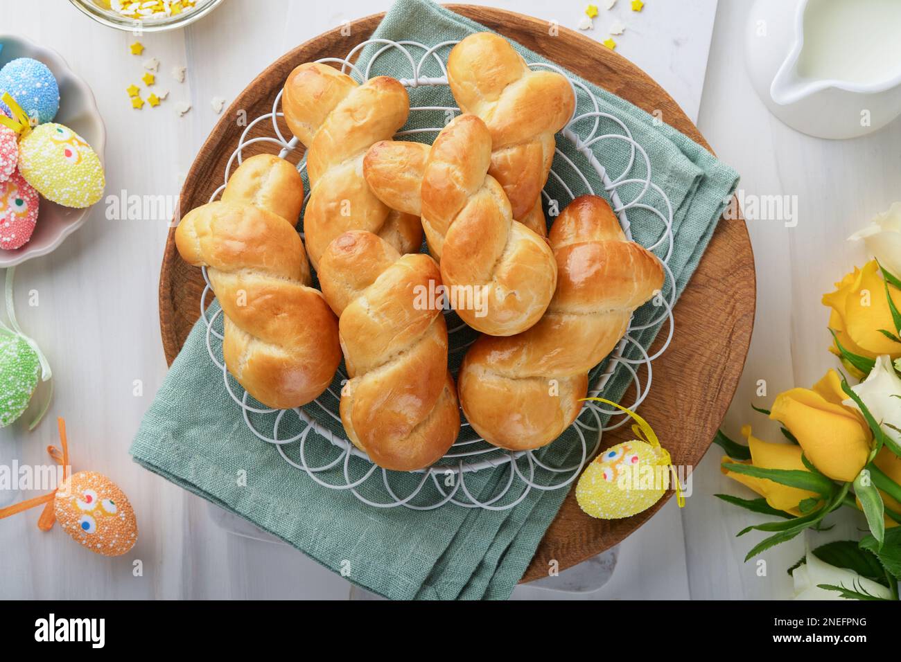 Easter breakfast Holliday concept. Easter bunny buns rolls with ...