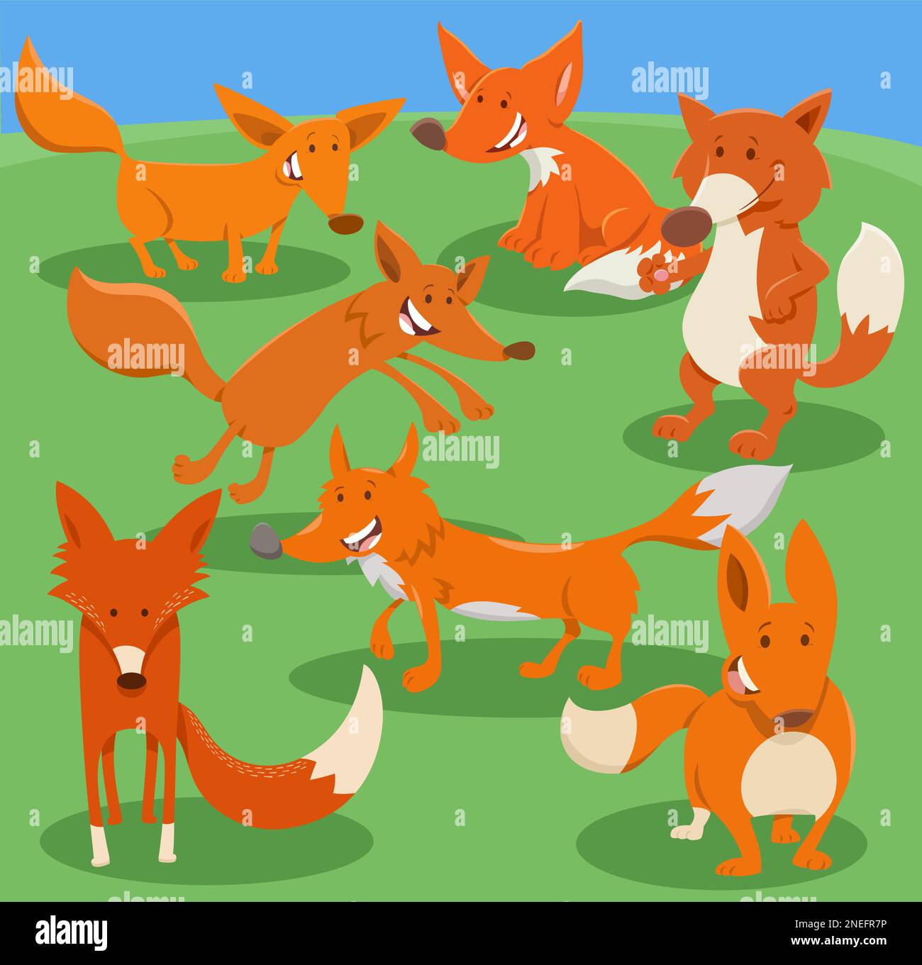 Cartoon illustration of happy foxes wild animals characters group Stock ...