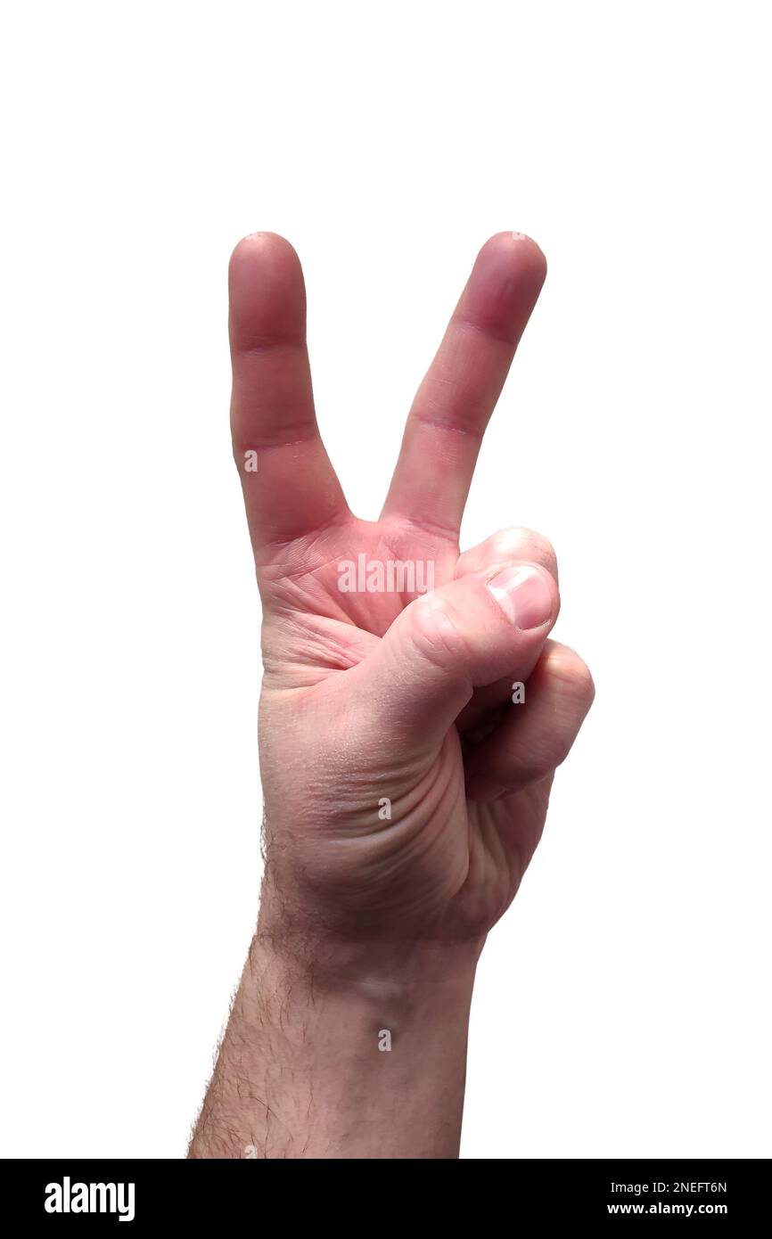 Caucasian male hand showing peace sign / number two on white background ...