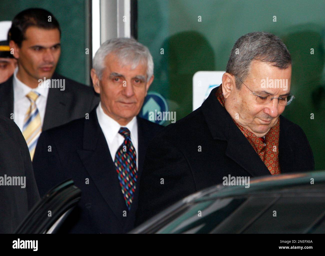 Israeli Defense Minister Ehud Barak, right, arrives at the Esenboga ...