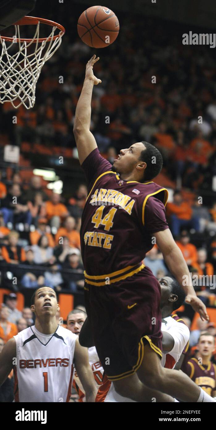 Arizona State's Jerren Shipp (44) shoots against Oregon State's Jared ...