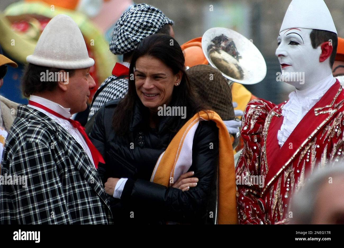 Princess Stephanie of Monaco speaks with clowns during the parade of ...