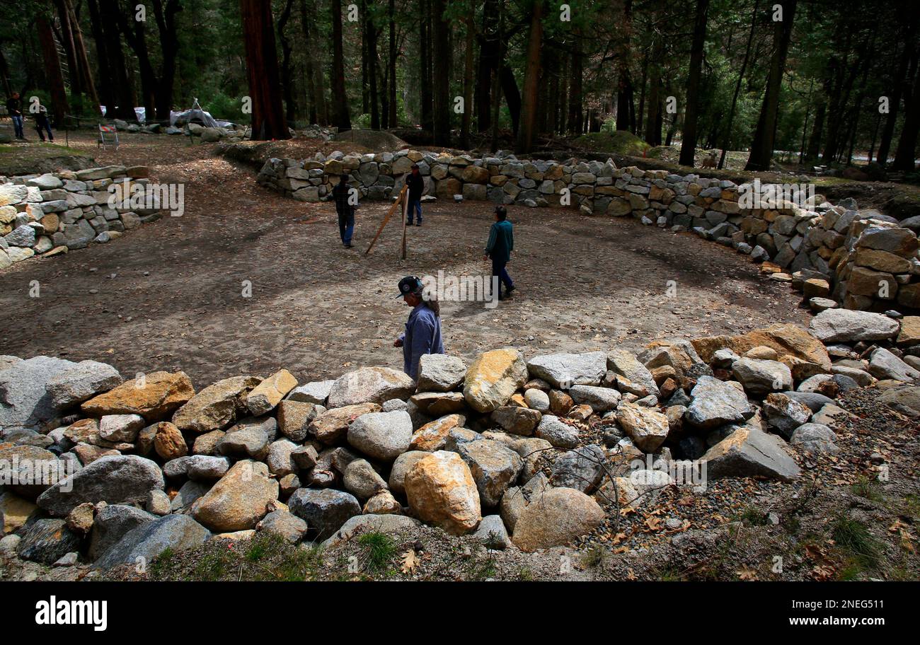 The construction site of the round house, as the Miwuk tribe of Native ...