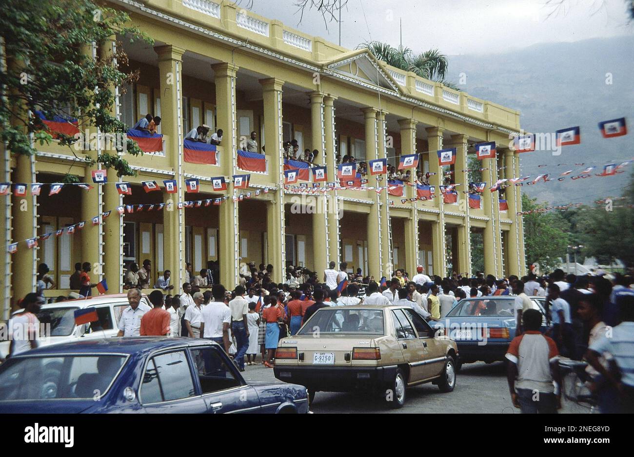 A street in Port-au-Prince, Haiti, is decorated with the new Haitian ...