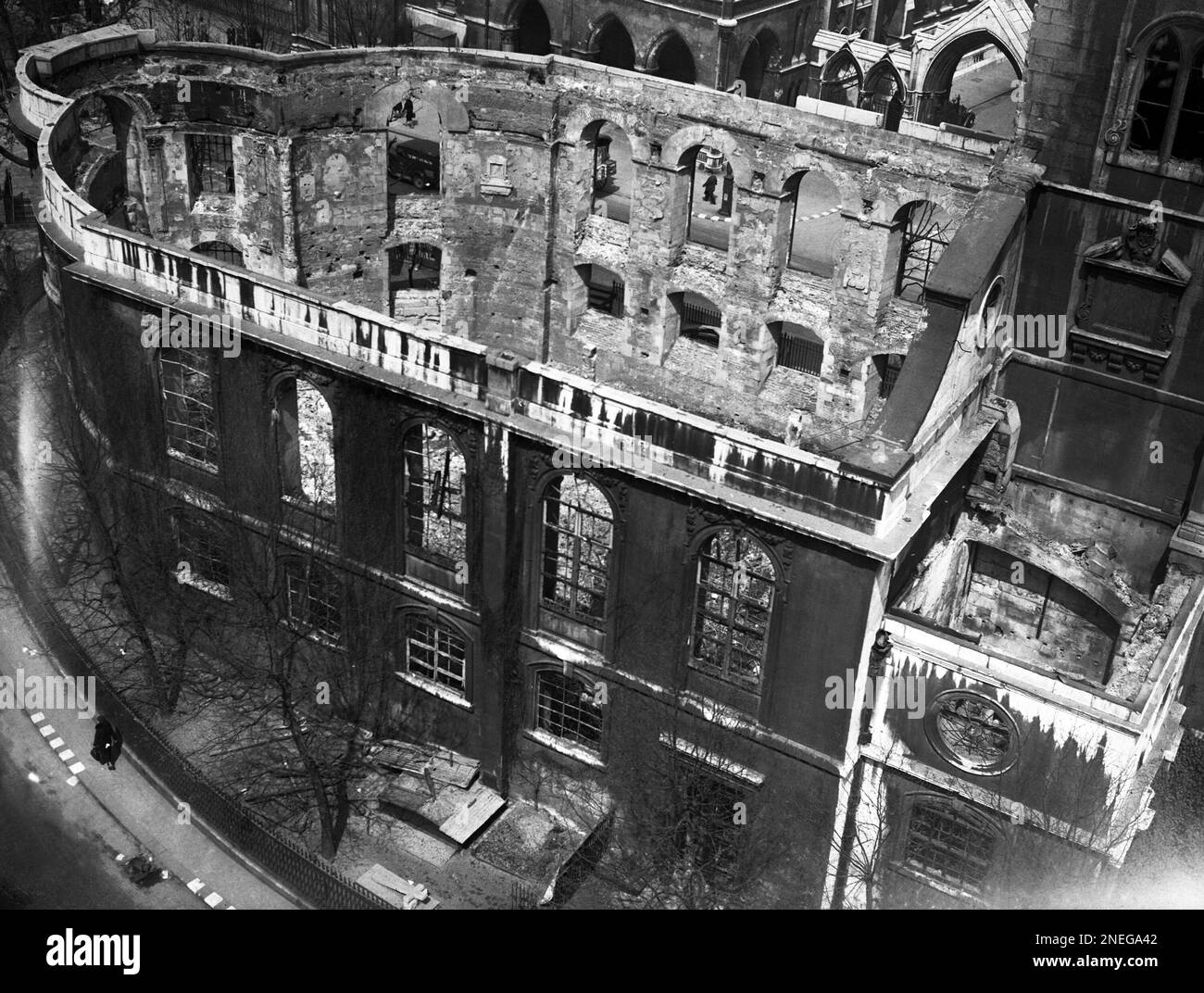 The gutted shell of the famous church of St. Clement Dane’s in the ...
