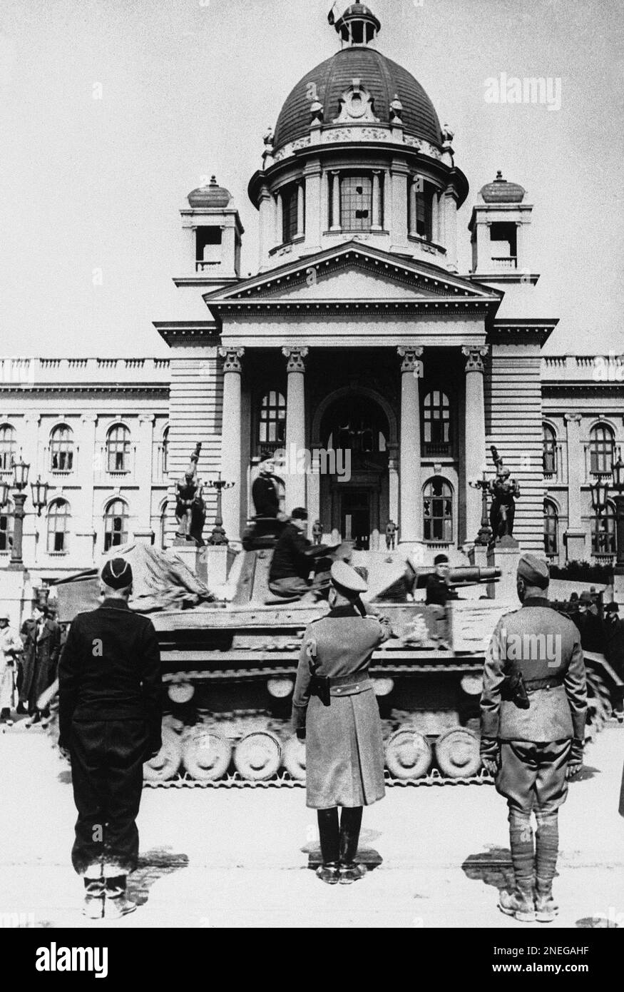 A German tank passes the Parliament House in Belgrade on May 2, 1941 ...
