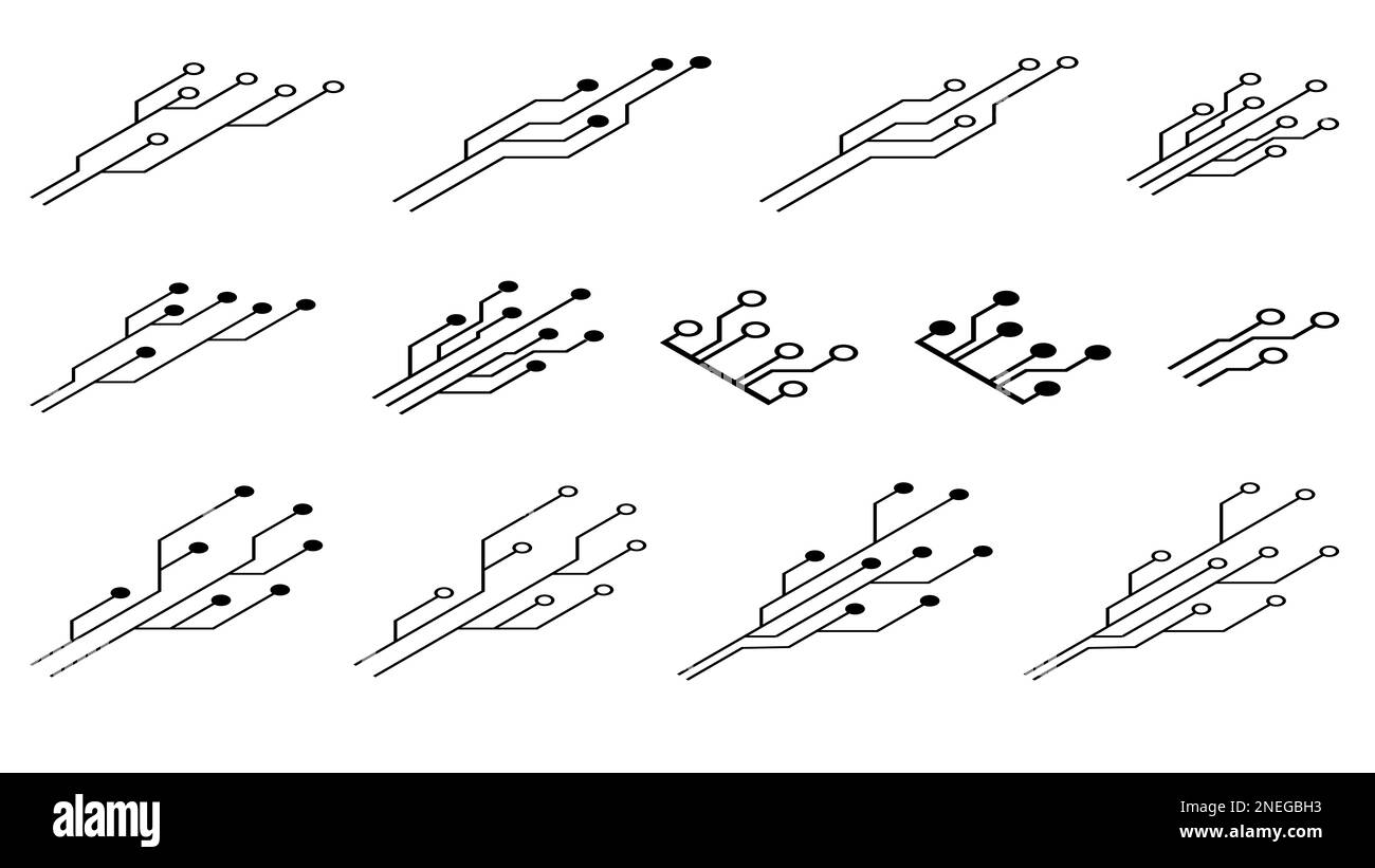 Isometric set of printed circuit board PCB tracks silhouettes isolated ...