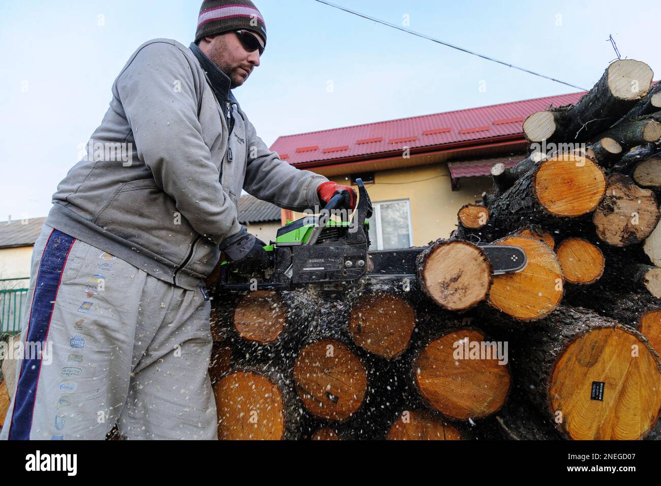 Lviv, Ukraine 16 february 2023. Man cutting wood with chainsaw. People ...