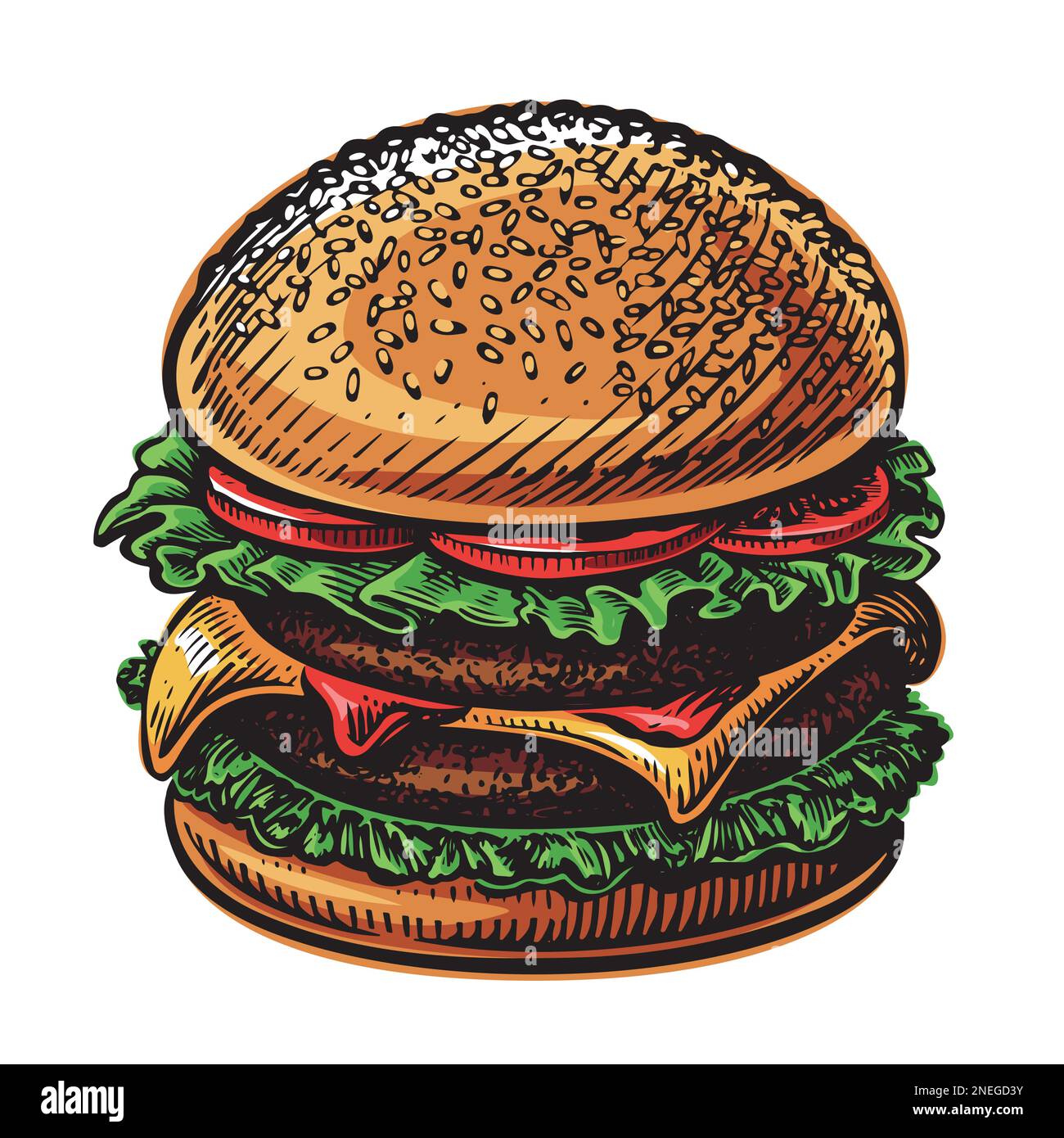 Cheeseburger with cheese and patty. Hand drawn color Burger isolated ...