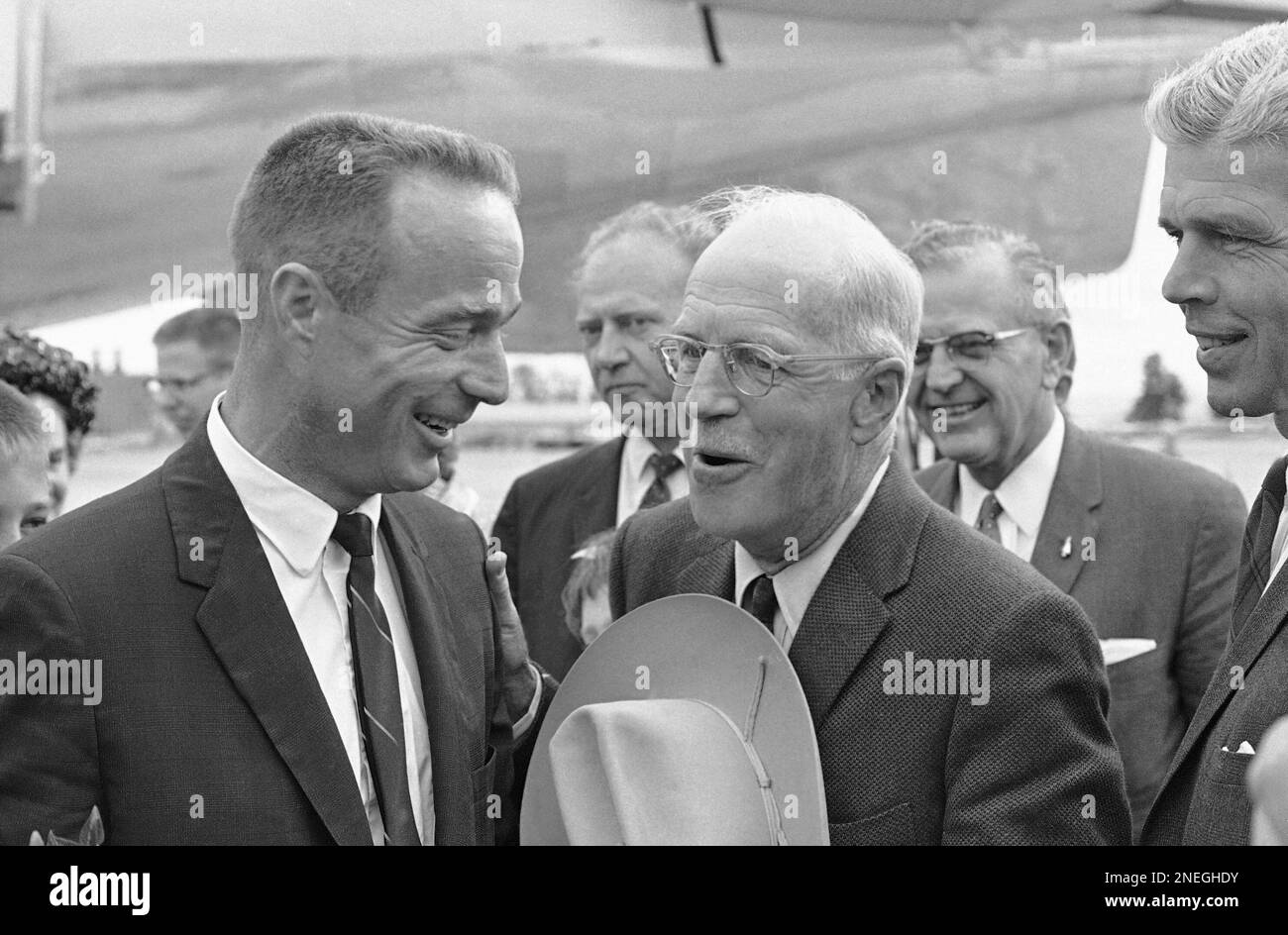 Astronaut Scott Carpenter and his father, Marion Scott Carpenter, greet ...