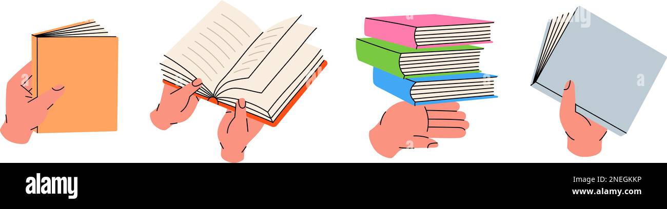 Set of hands with books. Bookstore, library, book shop illustration ...